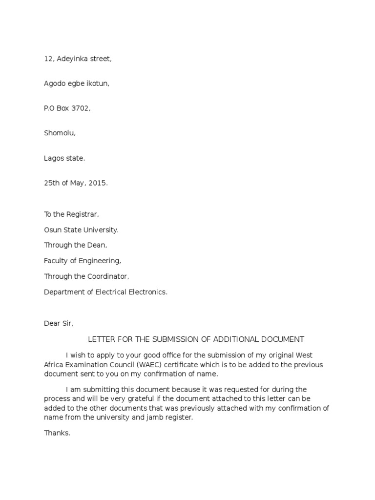 Letter For The Submission of Additional Document | PDF