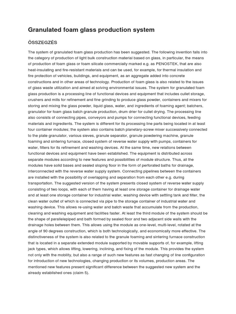 Granulated Foam Glass Production System | PDF | Glasses | Mill (Grinding)