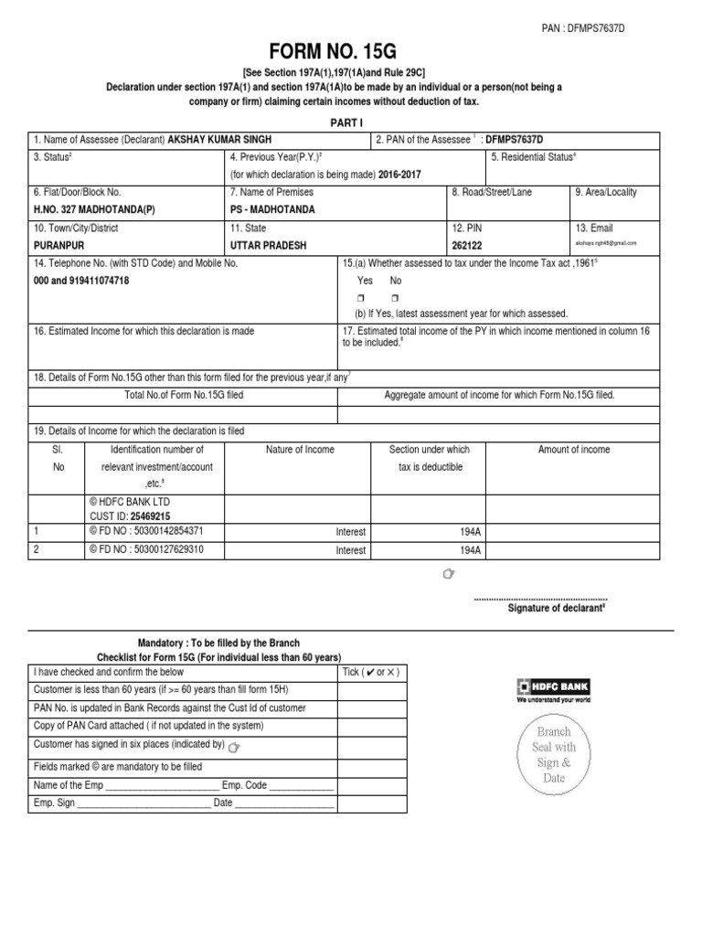 15 G Form (Pre-Filled) PDF | Download Free PDF | Taxes | Government ...