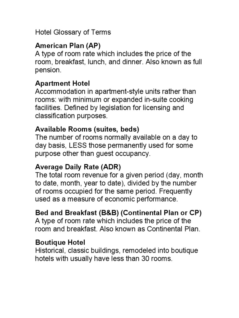 Hotel Glossary of Terms | PDF | Resort | Hotel