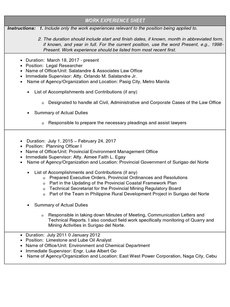 CS Form No. 212 Attachment - Work Experience Sheet | PDF | Chemical ...
