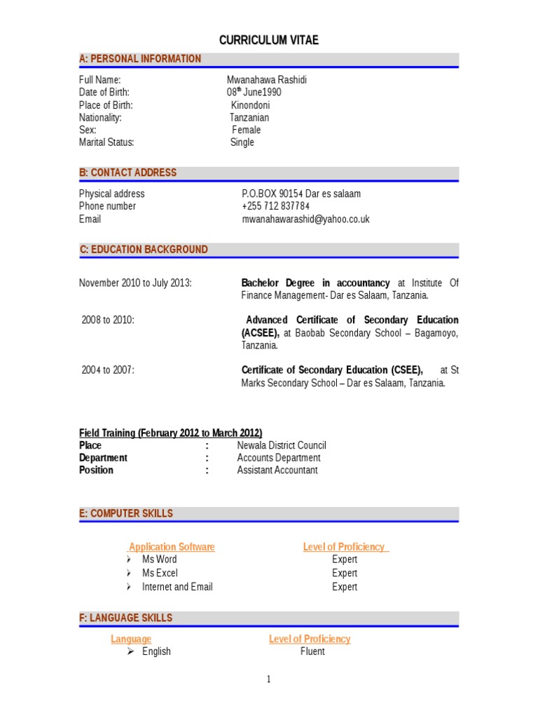 A Well-Rounded Professional: Curriculum Vitae of Mwanahawa Rashidi ...