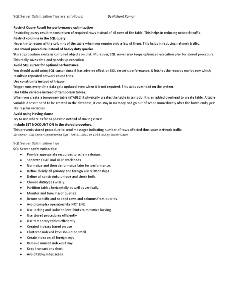 SQL Server Optimization Tips | PDF | Microsoft Sql Server | Database Index