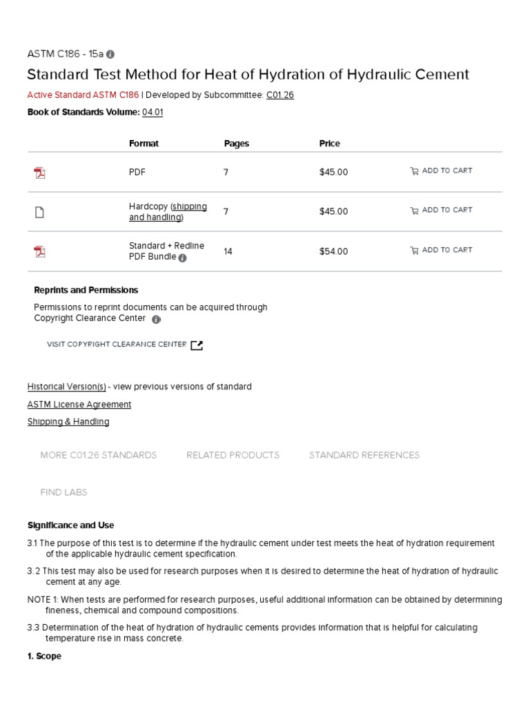 ASTM C186 - 15a Standard Test Method For Heat of Hydration of Hydraulic ...