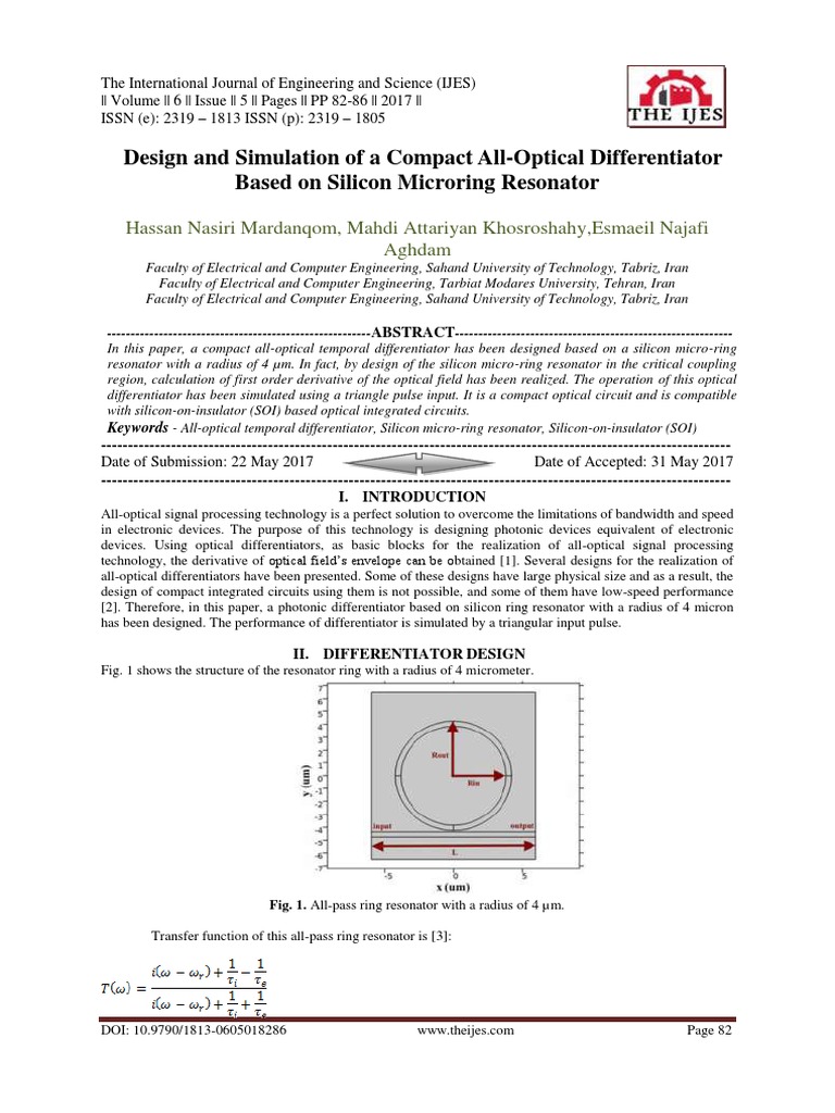 Design and Simulation of A Compact All-Optical Differentiator Based On Silicon Microring ...