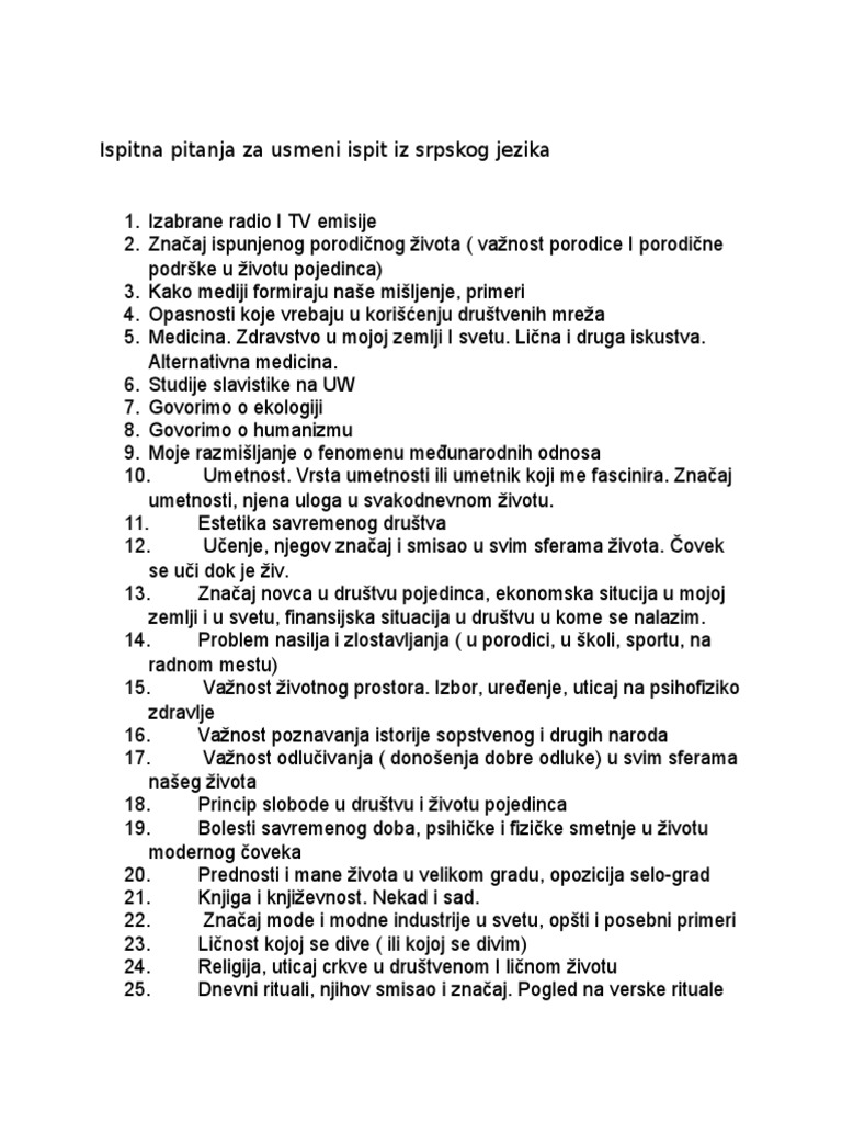 Ispitna Pitanja Za Usmeni Ispit Iz Srpskog Jezika | PDF