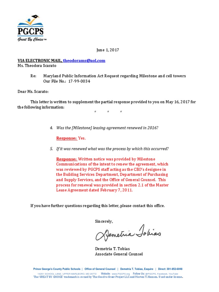 Letter from PGCPS in Response to Citizen Question Asking if The Cell ...