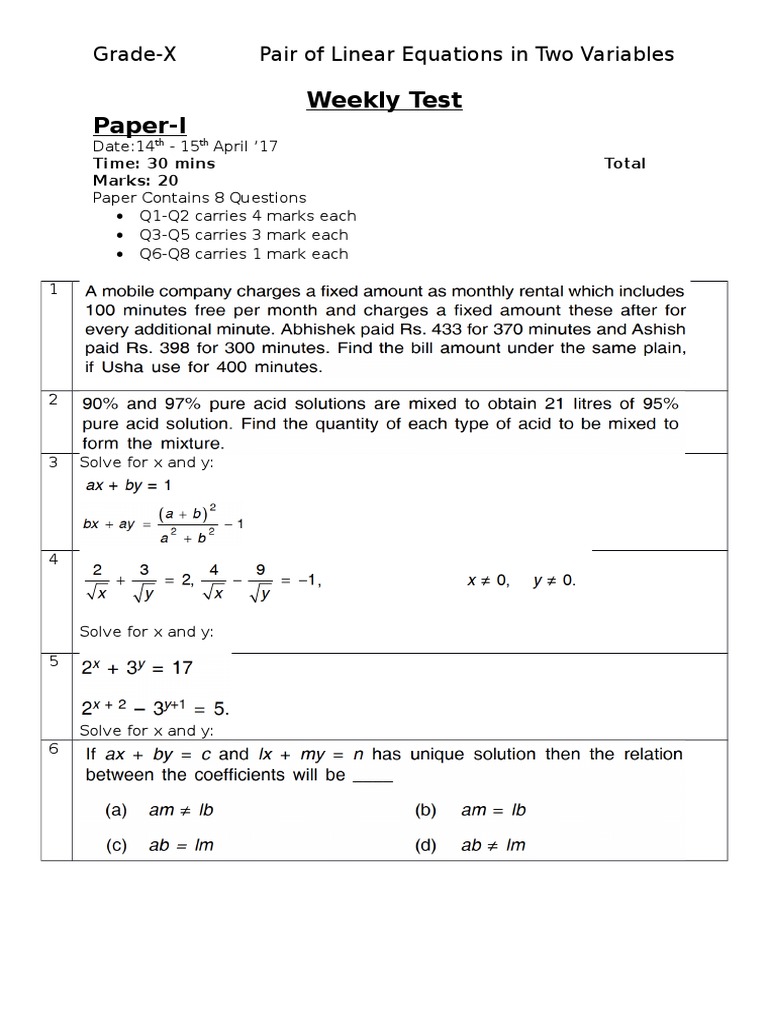 Weekly Test GR-10 Pair of Linear Equation in 2 Variables Paper-4 | PDF ...