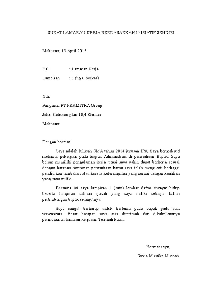 Surat Lamaran Kerja Berdasarkan Inisiatif Sendiri | PDF