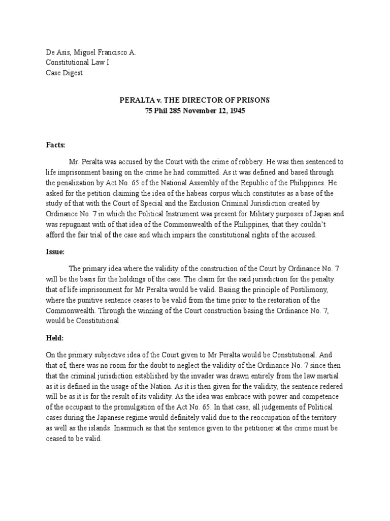 Peralta V. The Director of Prisons 75 Phil 285 November 12, 1945 | PDF