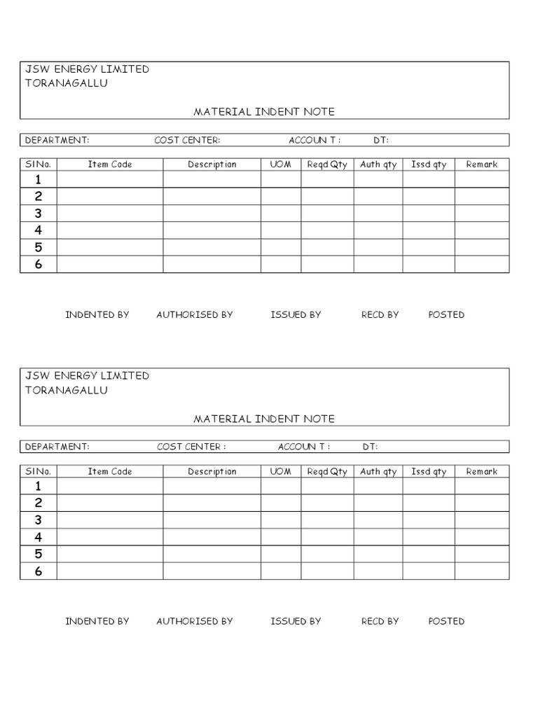 Material Indent Note | PDF