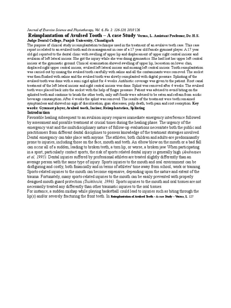 Reimplantation of Avulsed Tooth - A Case Study | PDF | Tooth ...