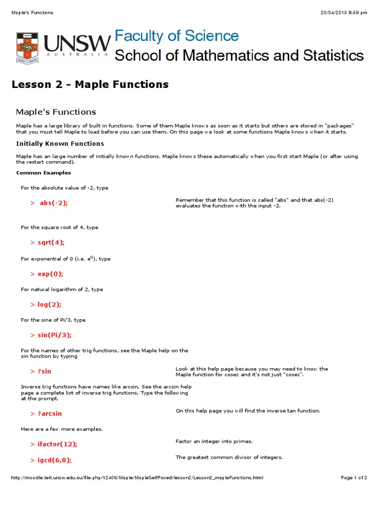 Lesson 2 - Maple Functions | PDF | Sine | Trigonometric Functions