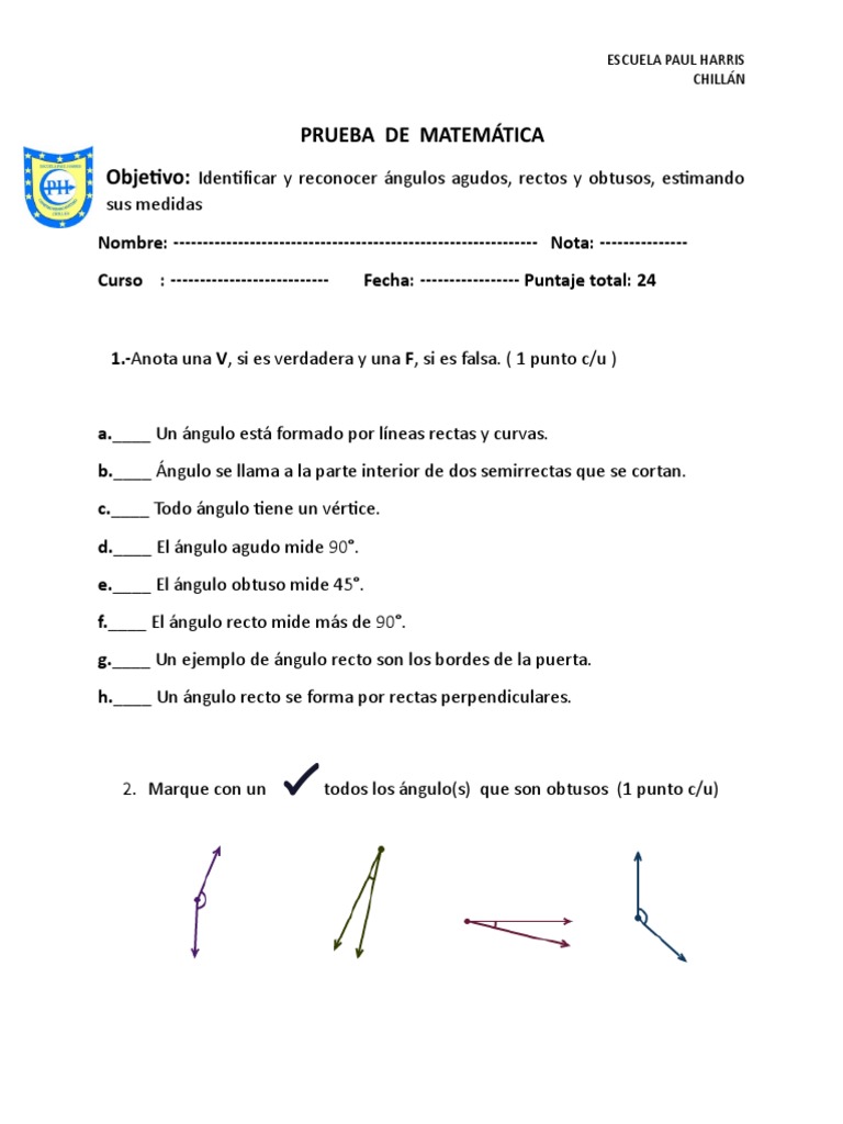 Prueba de Ángulos 3° Básico | PDF