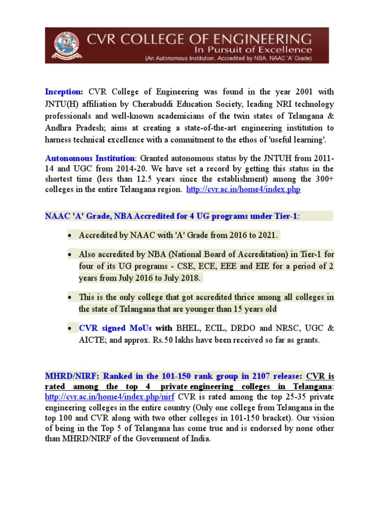 Inception:: CVR College of Engineering Was Found in The Year 2001 With ...