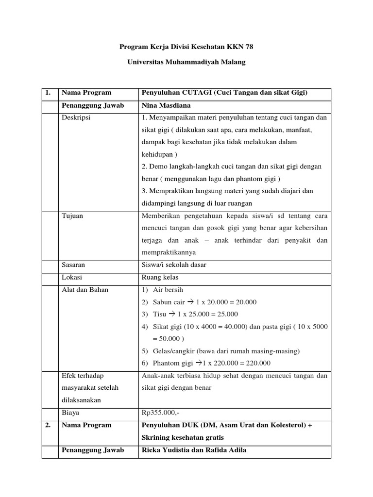 Program Kerja Divisi Kesehatan KKN 78 | PDF