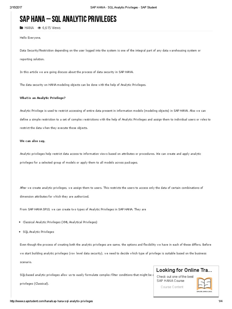 Create Sql Analytic Privileges In Sap Hana Pdf Sap Se Sql 