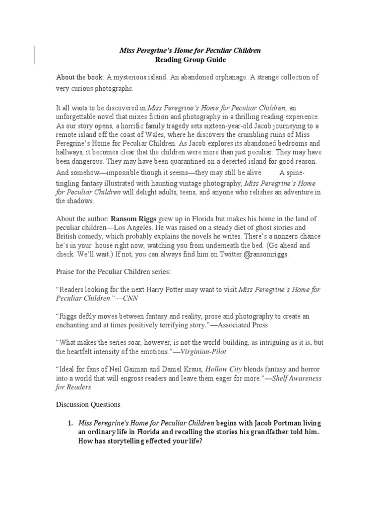 Miss Peregrine's Home For Peculiar Children: Reader's Group Guide | PDF ...
