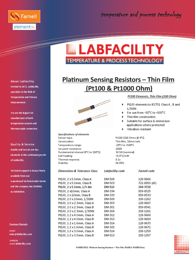 Temperature and Process Technology: Pt100 Elements, Thin Film (100 Ohm ...