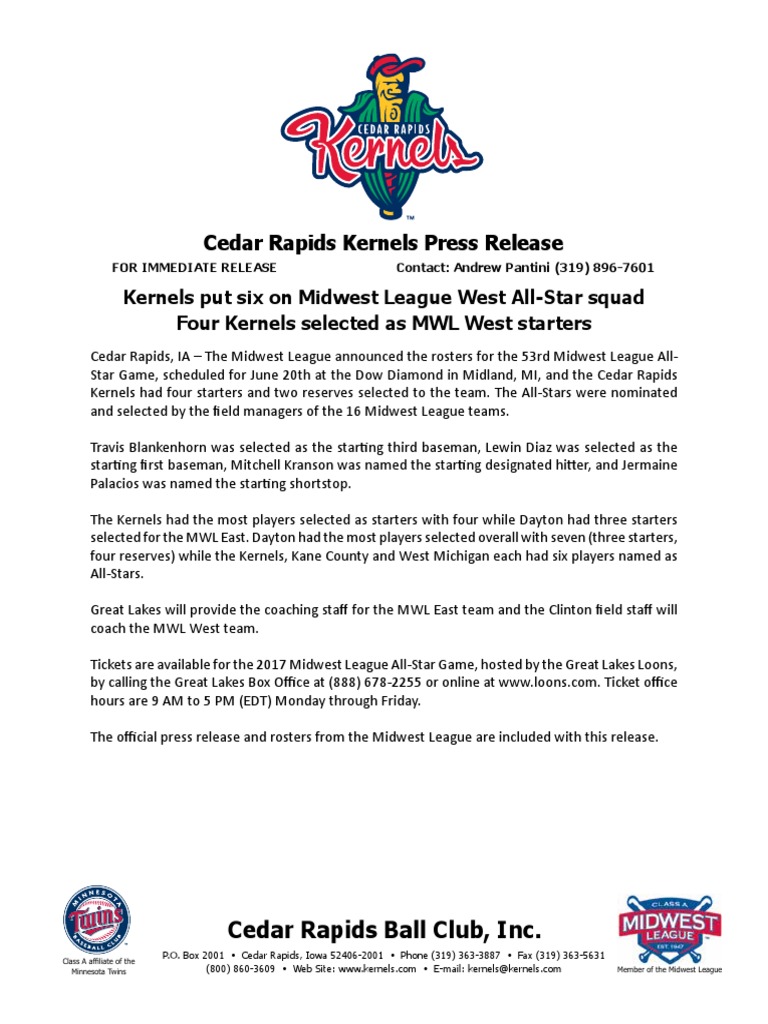 Cedar Rapids Kernels Press Release | PDF | Minor League Baseball ...