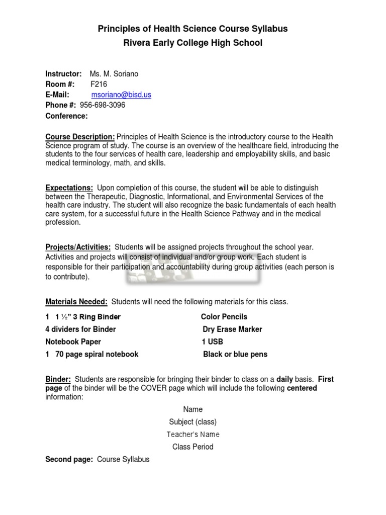 Principles of Health Science Course Syllabus 16-17 | PDF | Homework ...