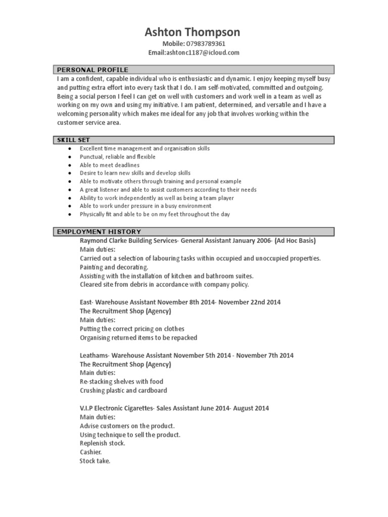 Ashton Thompson: Personal Profile | PDF | Retail | Business