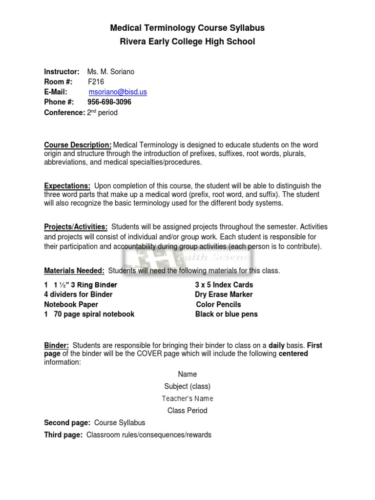 Medical Terminology Course Syllabus Rivera Early College High School ...