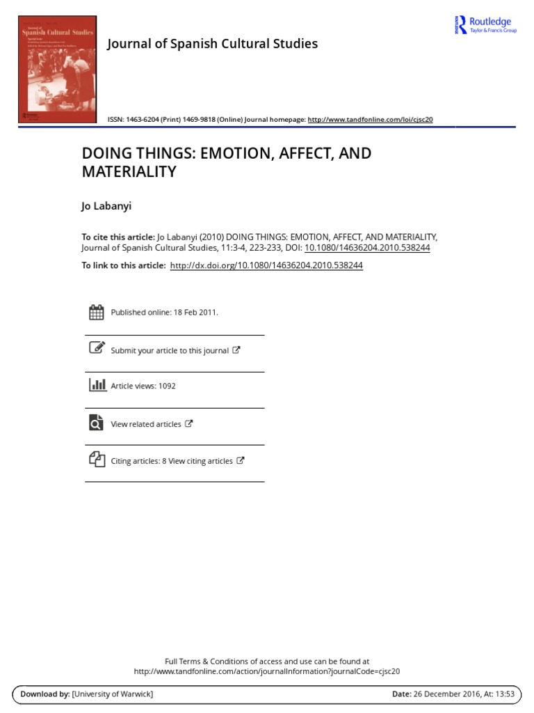 Doing Things Emotion Affect and Materiality | PDF | Affect (Psychology ...