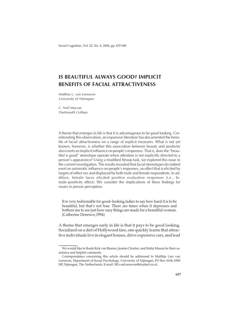 Is Beautiful Always Good Implicit Benefits of Facial Attractiveness ...
