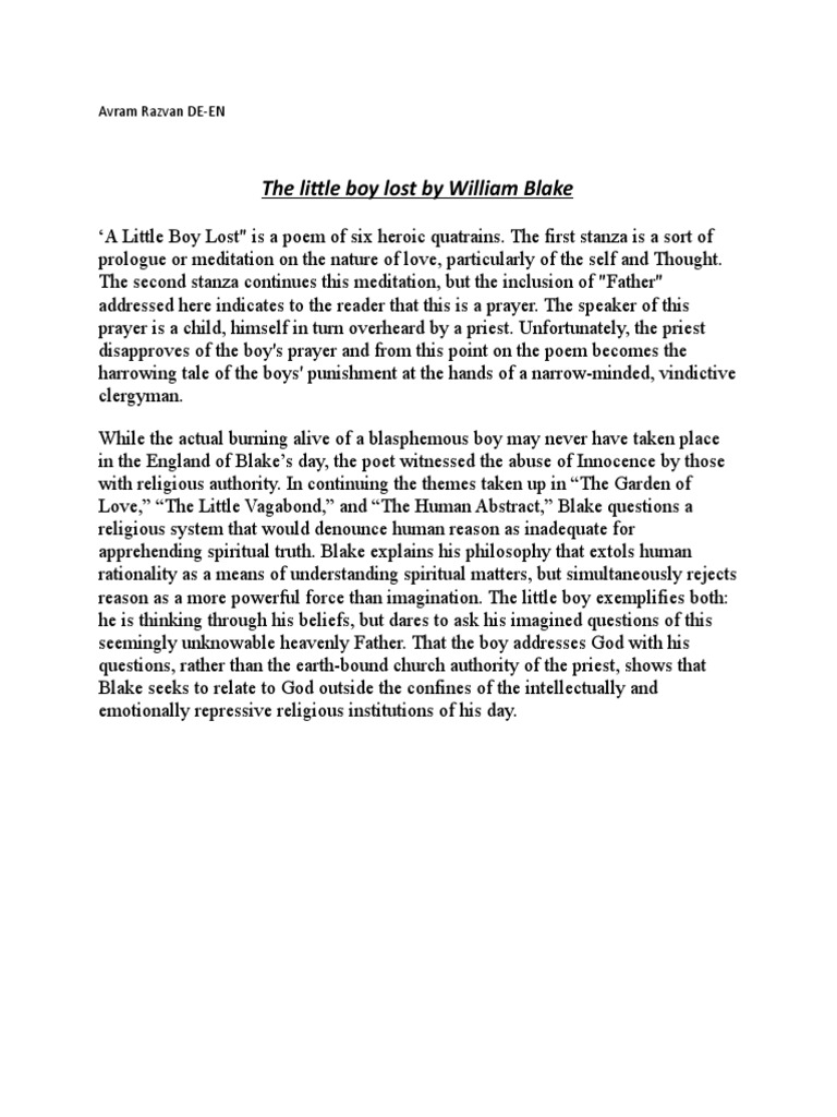 The Little Boy Lost by William Blake: Avram Razvan DE-EN | PDF ...