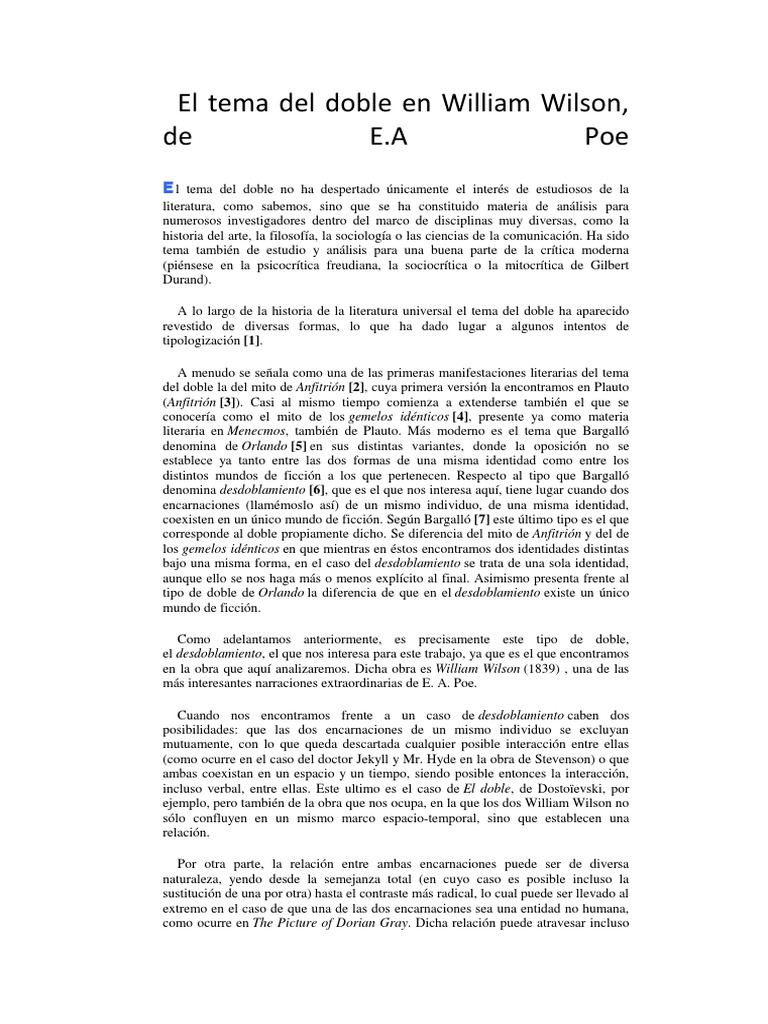 Análisis del tema del doble en la obra de Edgar Allan Poe "William Wilson | PDF | Edgar Allan ...