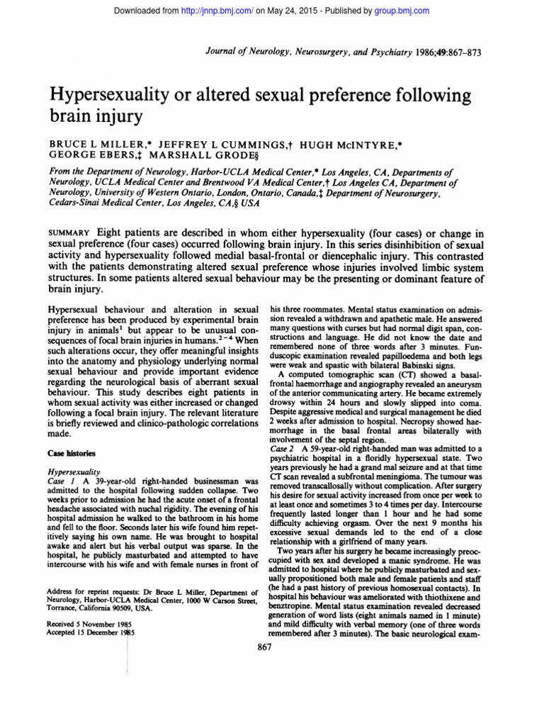 Alterations in Sexual Behavior and Preference Following Brain Injuries ...