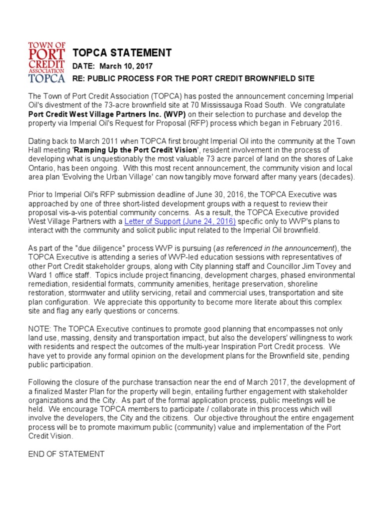 TOPCA Statement Re Public Process WVP Brownfield Site March 10 2017 ...