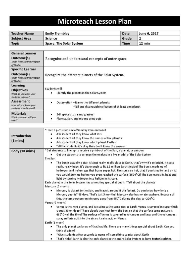 Microteach Lesson Plan - Space | PDF | Pluto | Natural Satellite