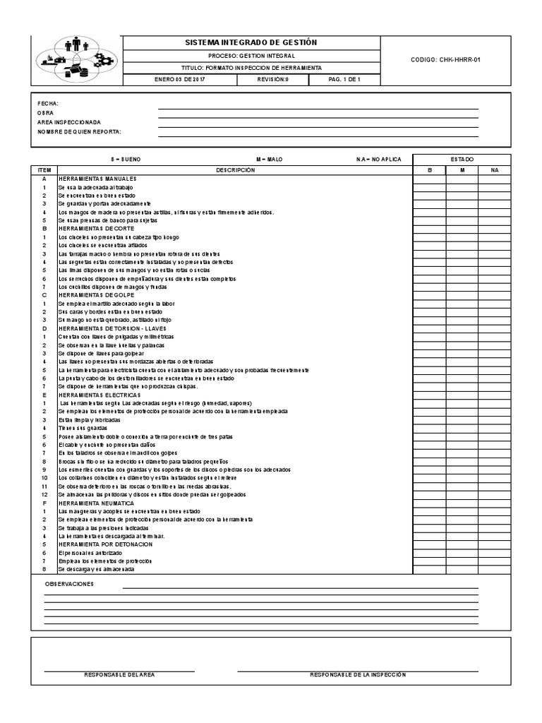 Formato Inspeccion de Herramienta.xls | Herramientas | Perforar