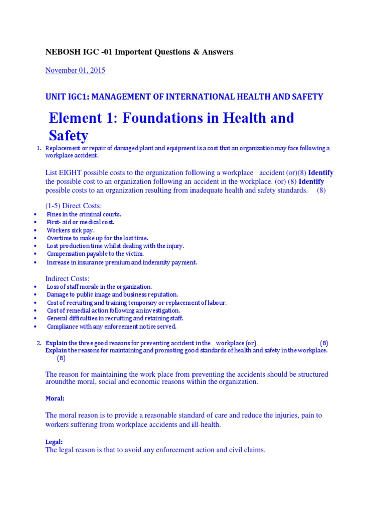 NEBOSH IGC-01 Key Questions & Answers | PDF | Personal Protective ...