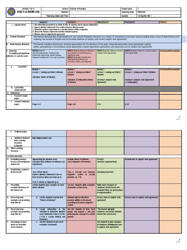 DLL Grade 7 Lesson 1 Quarter 1 | PDF | Subject (Grammar) | Proverb