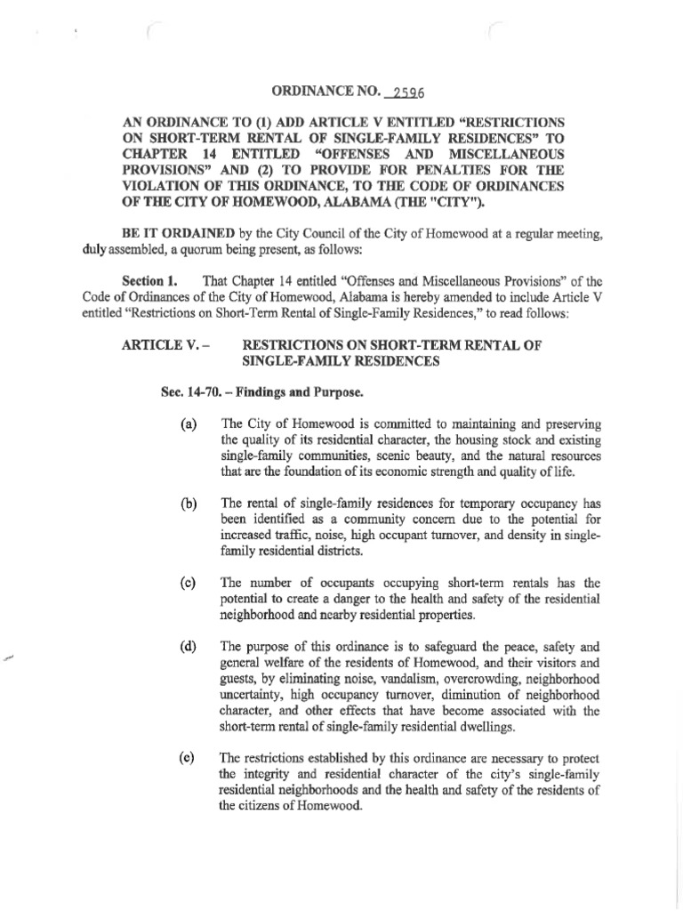 Homewood Short Term Rentals Ordinance | PDF