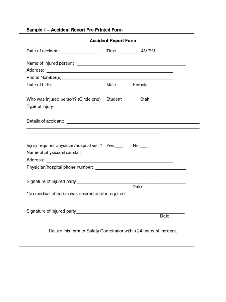 Sample 1 - Accident Report Pre-Printed Form Accident Report Form | PDF