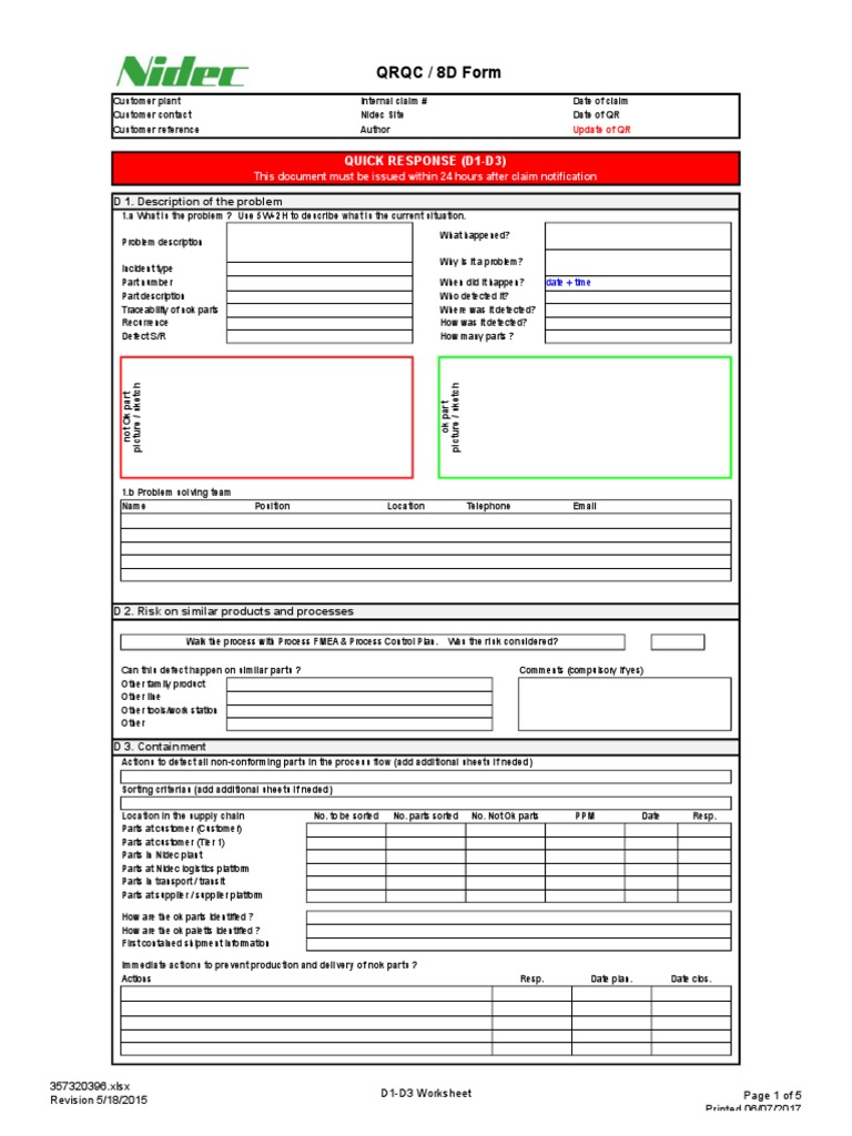 QRQC / 8D Form: D 1. Description of the problem