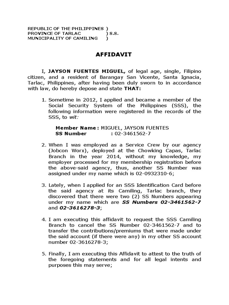 Affidavit - Miguel (2 Ss Numbers) | PDF