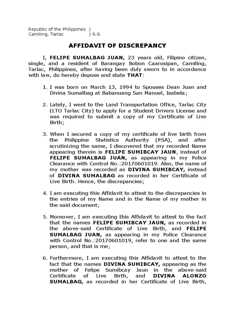 Affidavit of Discrepancy - Felipe (Name and Mother's Name) | PDF ...