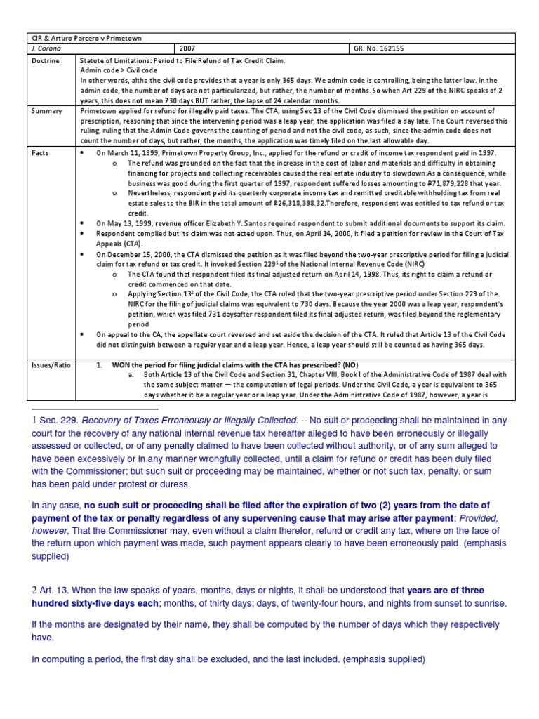 CIR V Primetown | PDF | Tax Refund | Appeal