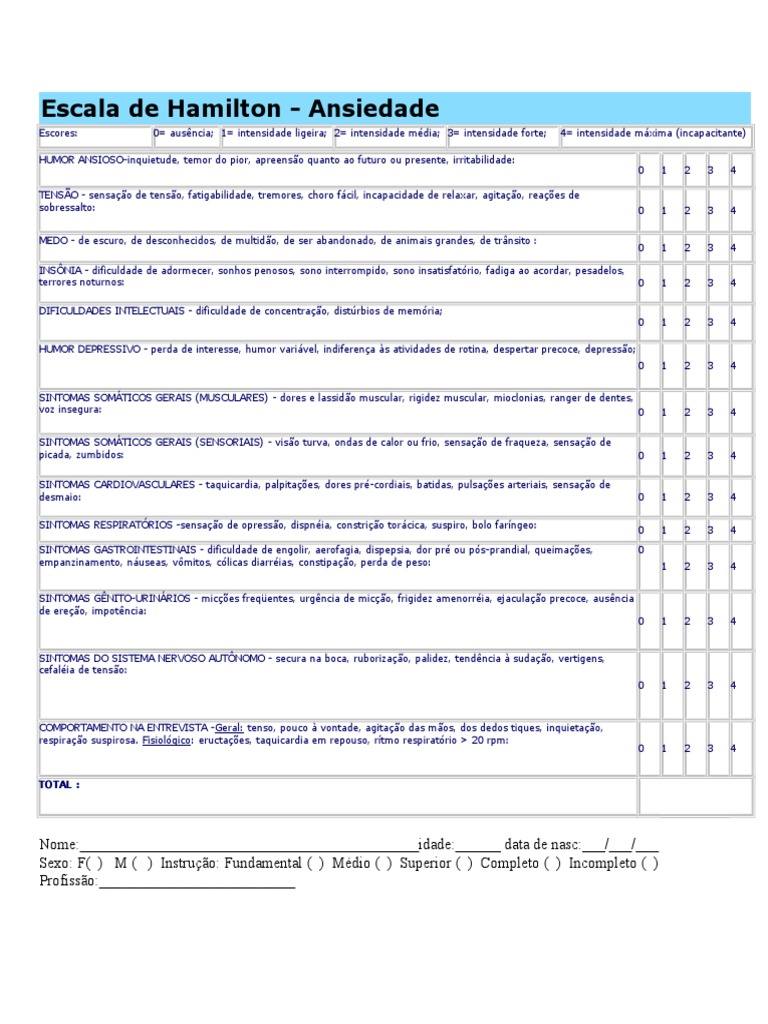 Escala Hamilton ANSIEDADE | PDF | Remédio | Doenças e distúrbios