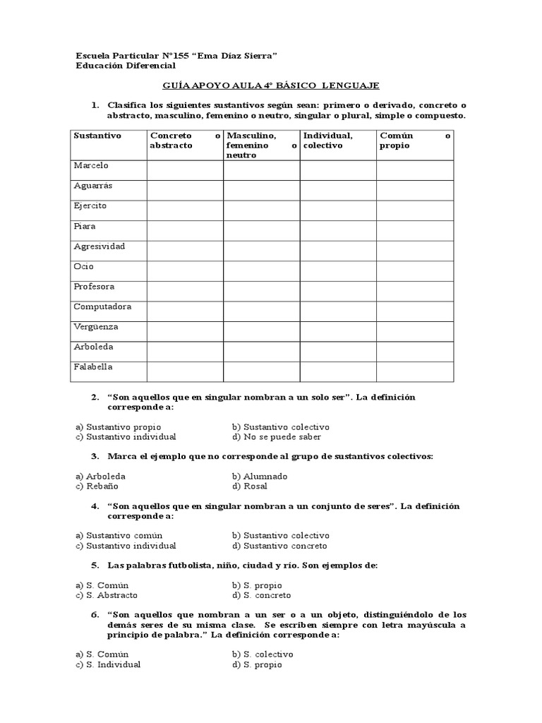 Guía de Reforzamiento de Sustantivos Alejandra | PDF | Sustantivo ...