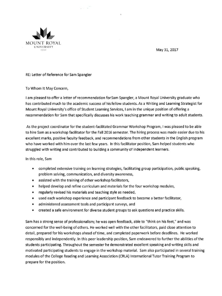 Sam Spangler Reference Letter From Amy Yoshida | PDF