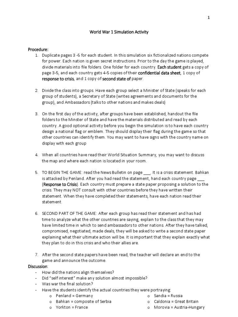World War 1 Simulation Activity | PDF | Confidentiality | Balkans