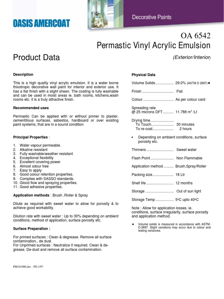 Permastic Vinyl Acrylic Emulsion | PDF | Acrylic Paint | Paint
