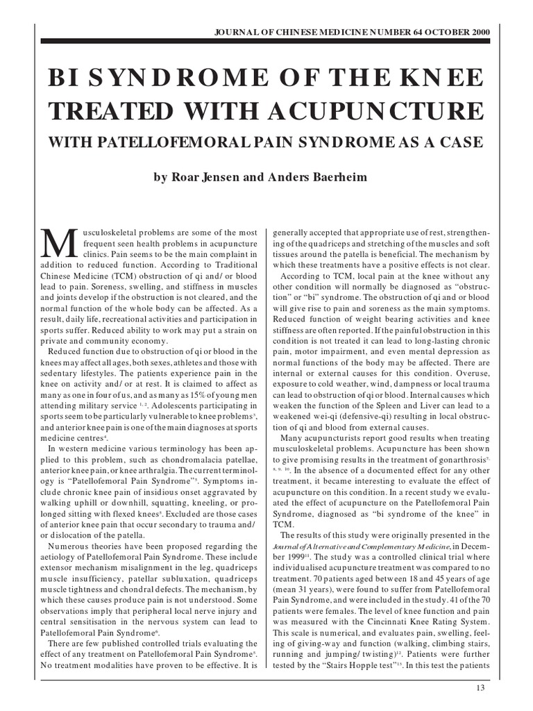 Bi Syndrome of The Knee Treated With Acupuncture With Patellofemoral ...