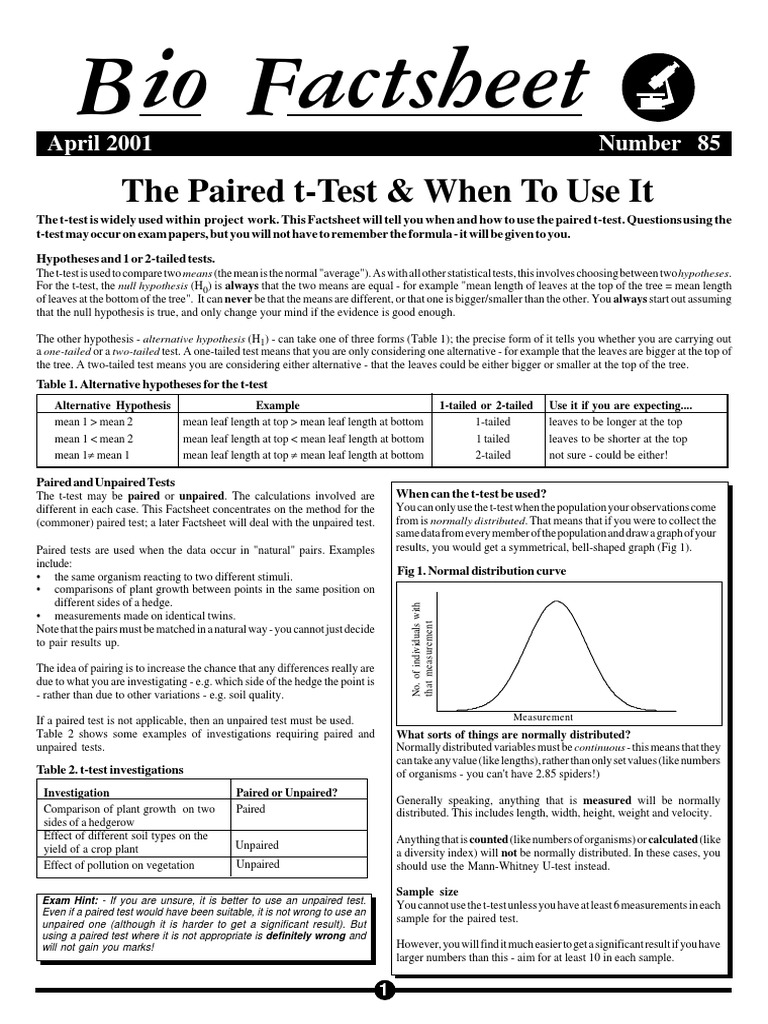 Bio Factsheet: The Paired T-Test & When To Use It | PDF | Student's T ...